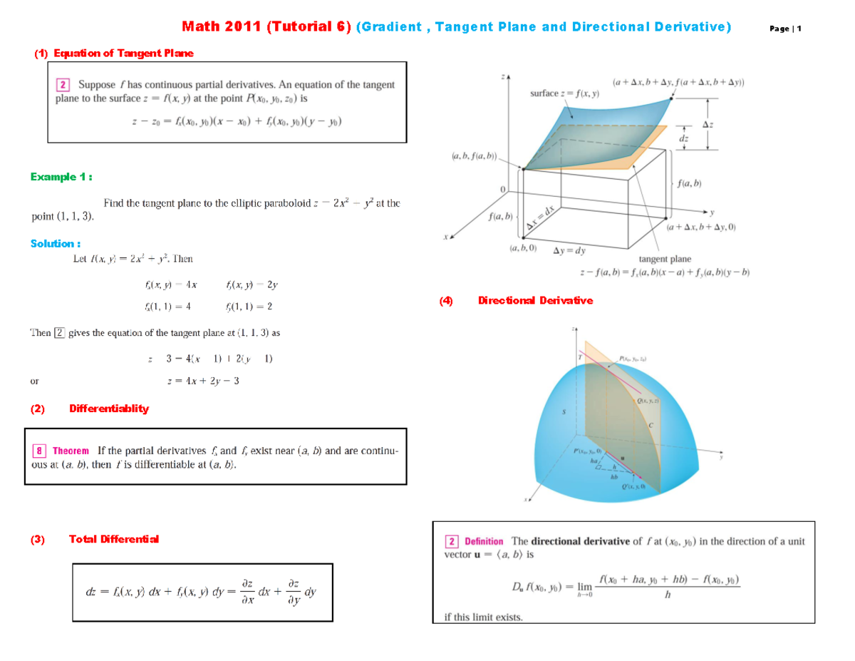 Math 2011 (Tutorial 6) (Gradient , Tangent Plane and Directional Derivative) - Math 2011 ...