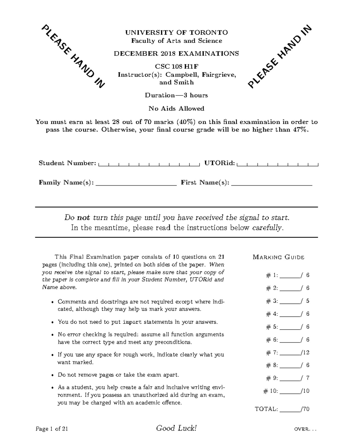 Csc final exam 2018 practice - PLEASE HAND IN UNIVERSITY OF TORONTO ...