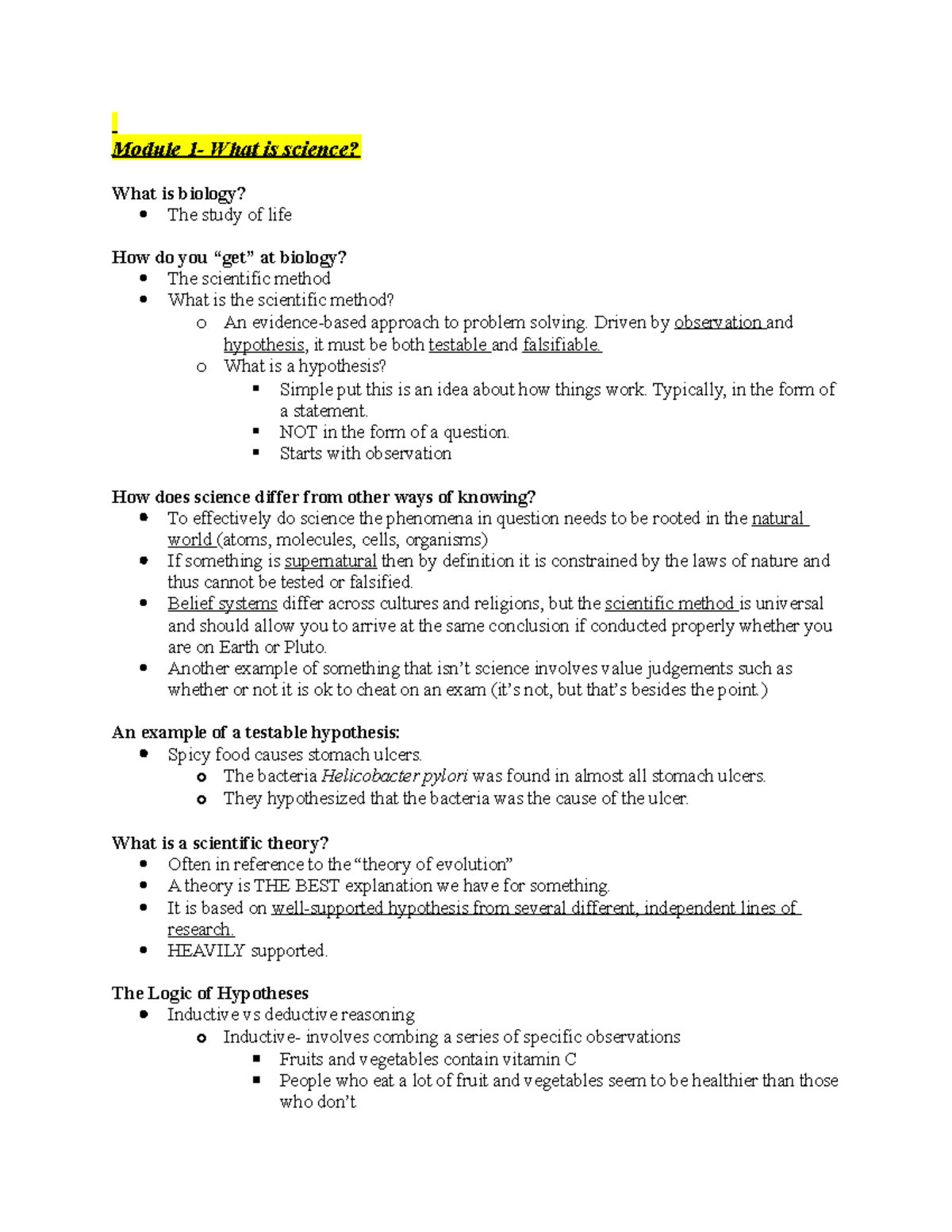 BIO101 Lecture Notes Module 1 What Is Science What Is Biology The
