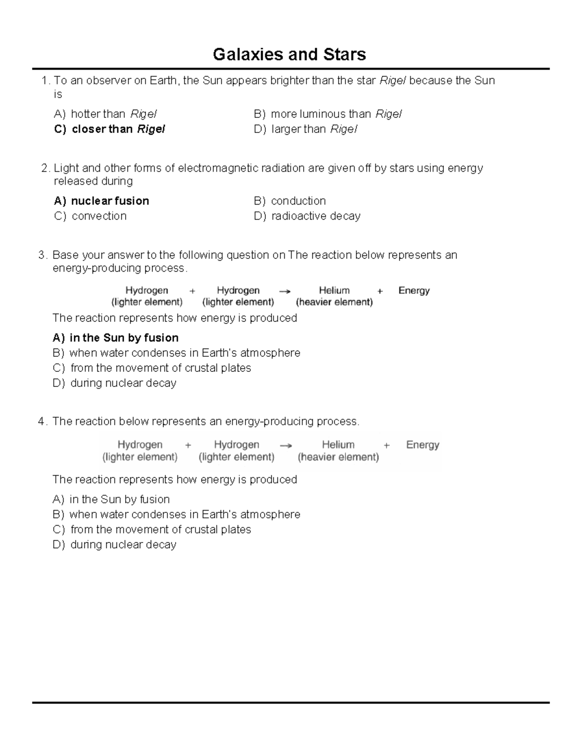 Galaxies and Stars KEY - Earth Science Activity - Galaxies and Stars A ...