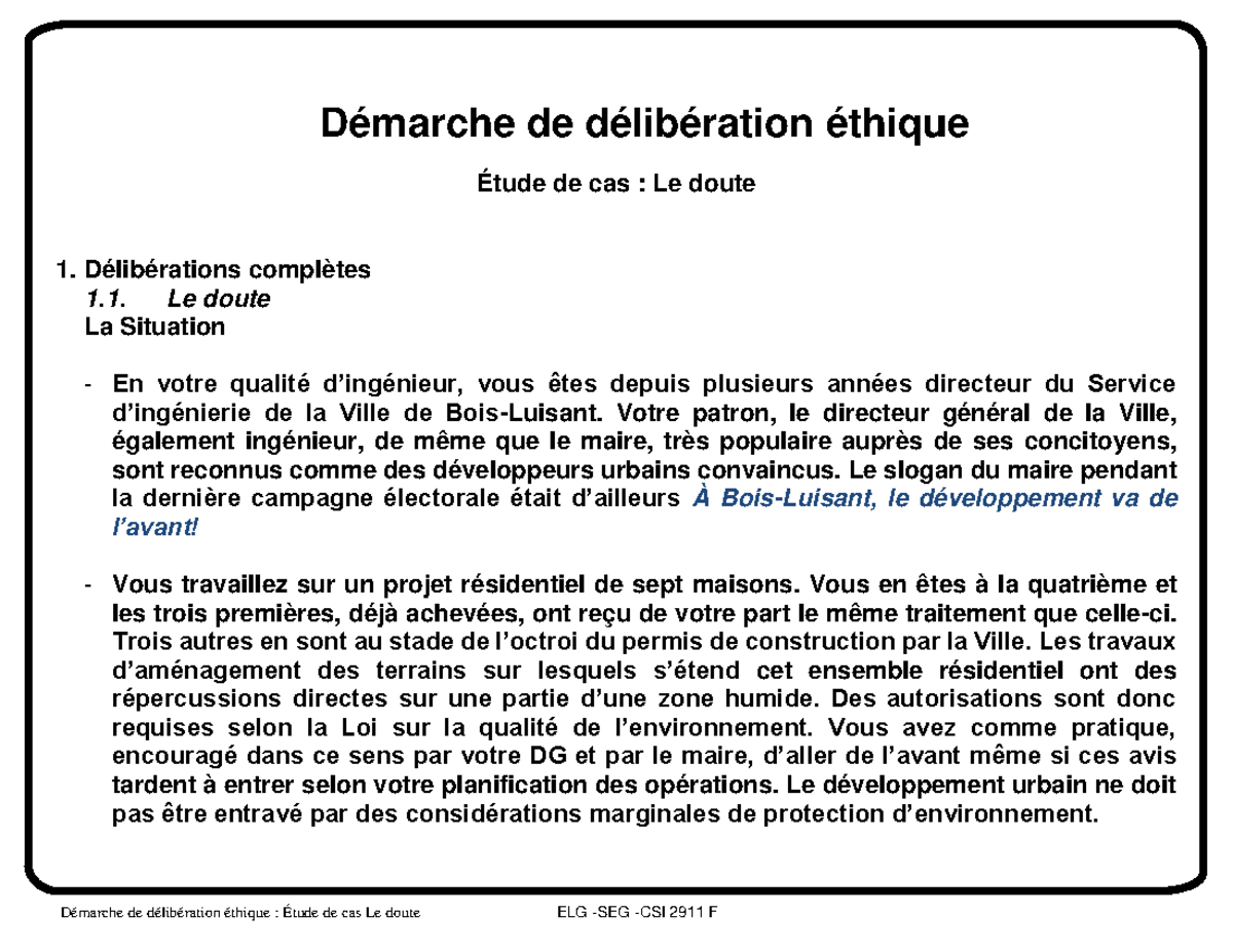 Demarche de deliberation ethique Etude de cas Le doute - Démarche de ...