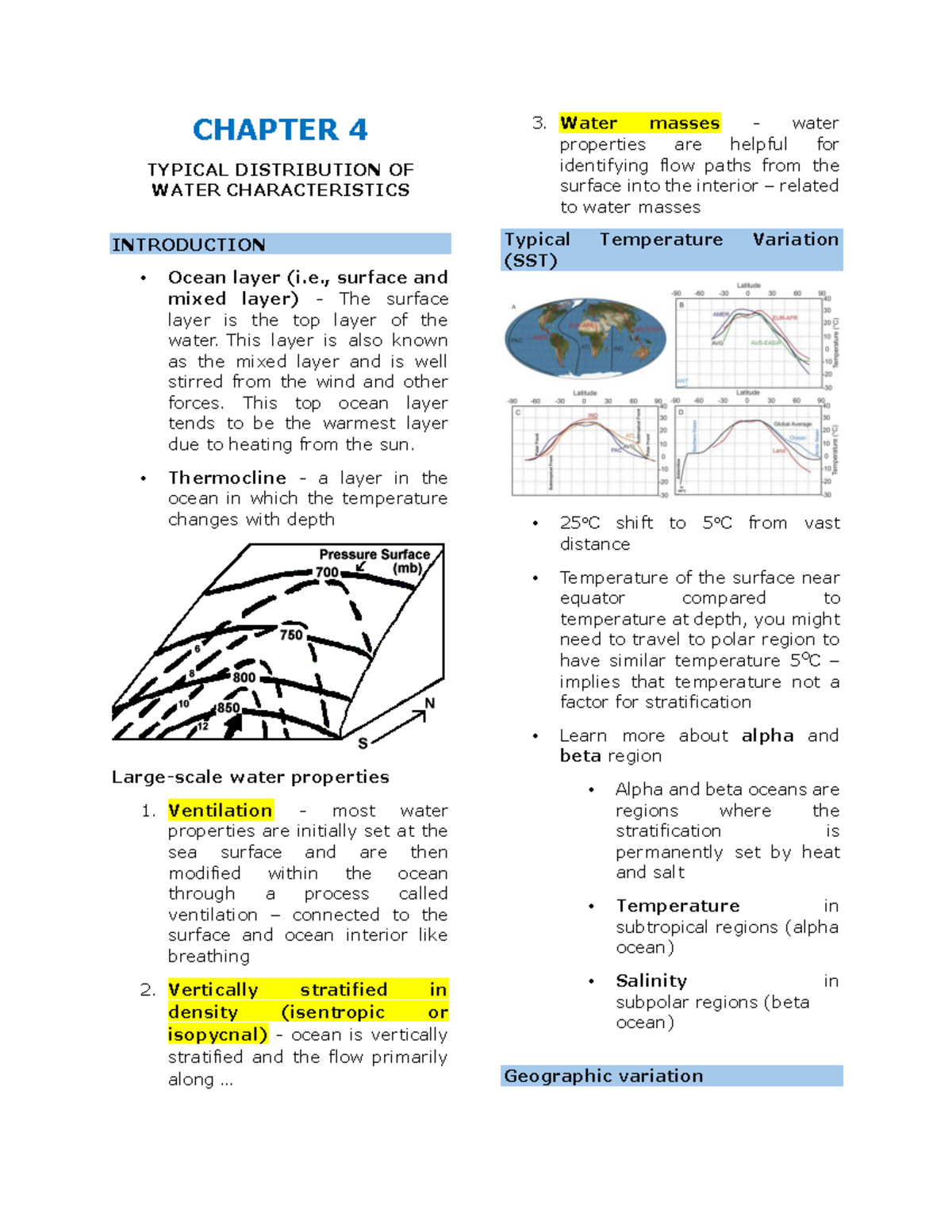OCEAN 1 LECTURE 4 - CHAPTER 4 TYPICAL DISTRIBUTION OF WATER CHARACTERISTICS INTRODUCTION • Ocean ...