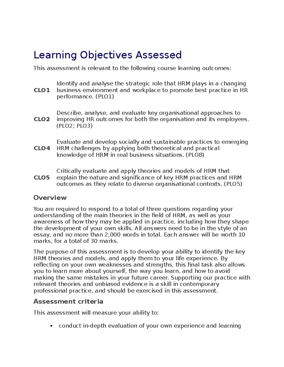 Human Resource Management A3 - Learning Objectives Assessed This ...