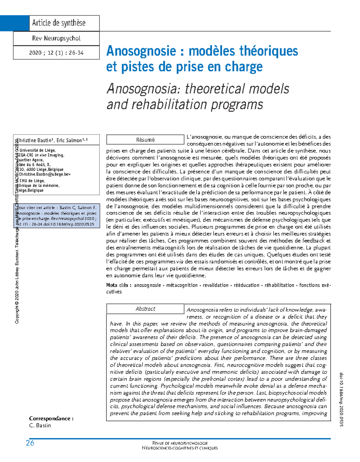 Article 1 - doi:10.1684/nrp. R EVUE DE NEUROPSYCHOLOGIE 26 Article de ...