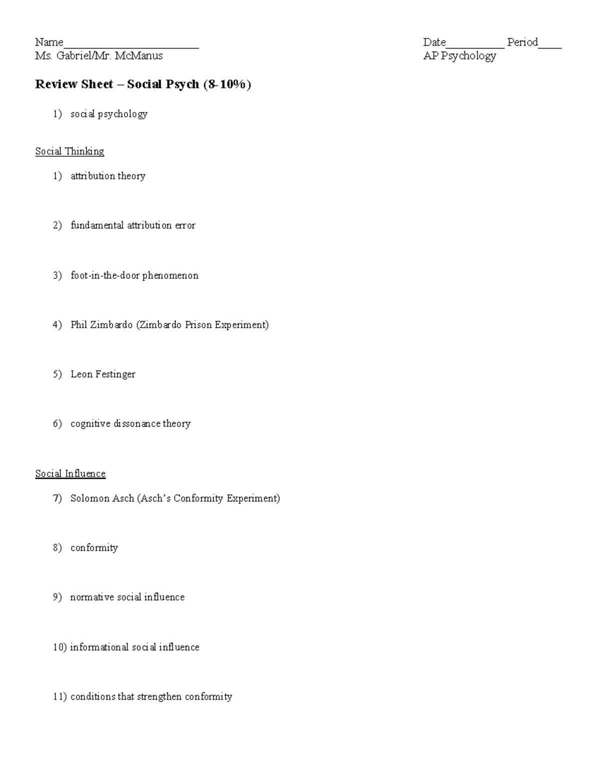 Review Sheet - Social Psych - Name_______________________ Date ...