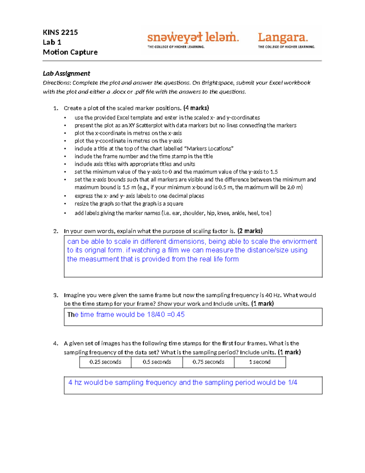 KINS 2215 Lab1 - Motion Capture Assignment - Lab Assignment Directions: Complete the plot and ...