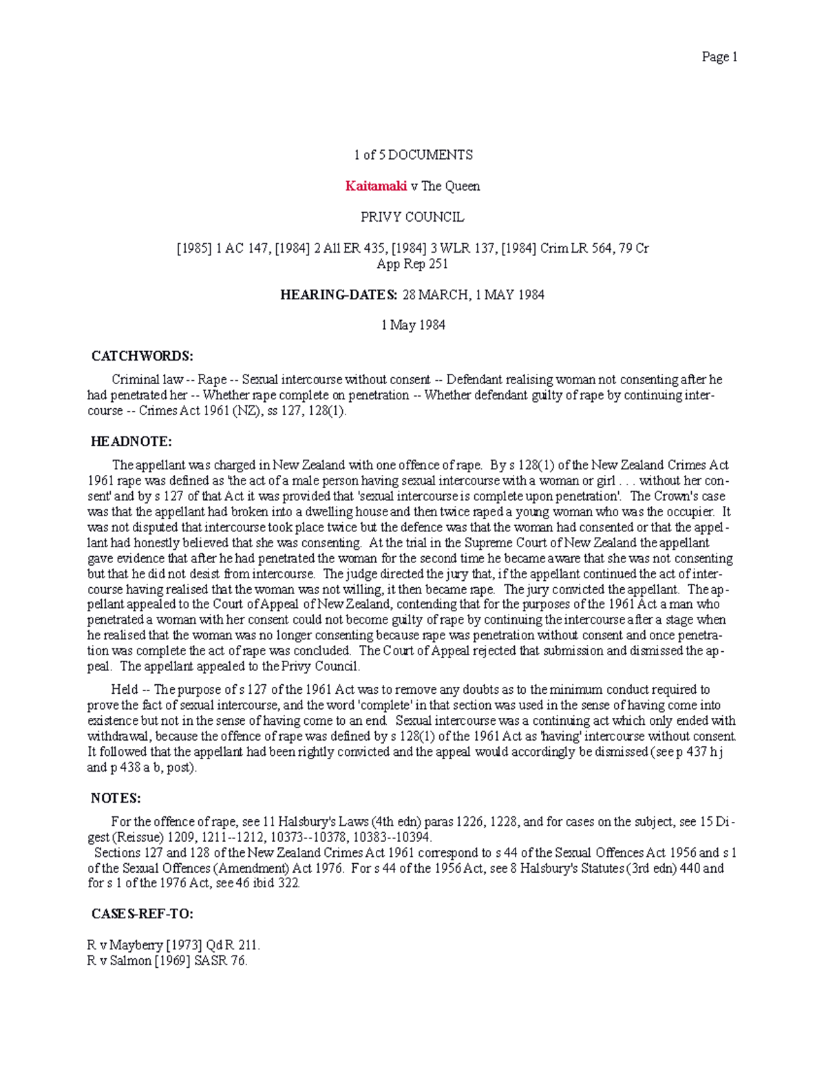 R v Kaitamaki - criminal law - 1 of 5 DOCUMENTS Kaitamaki v The Queen ...