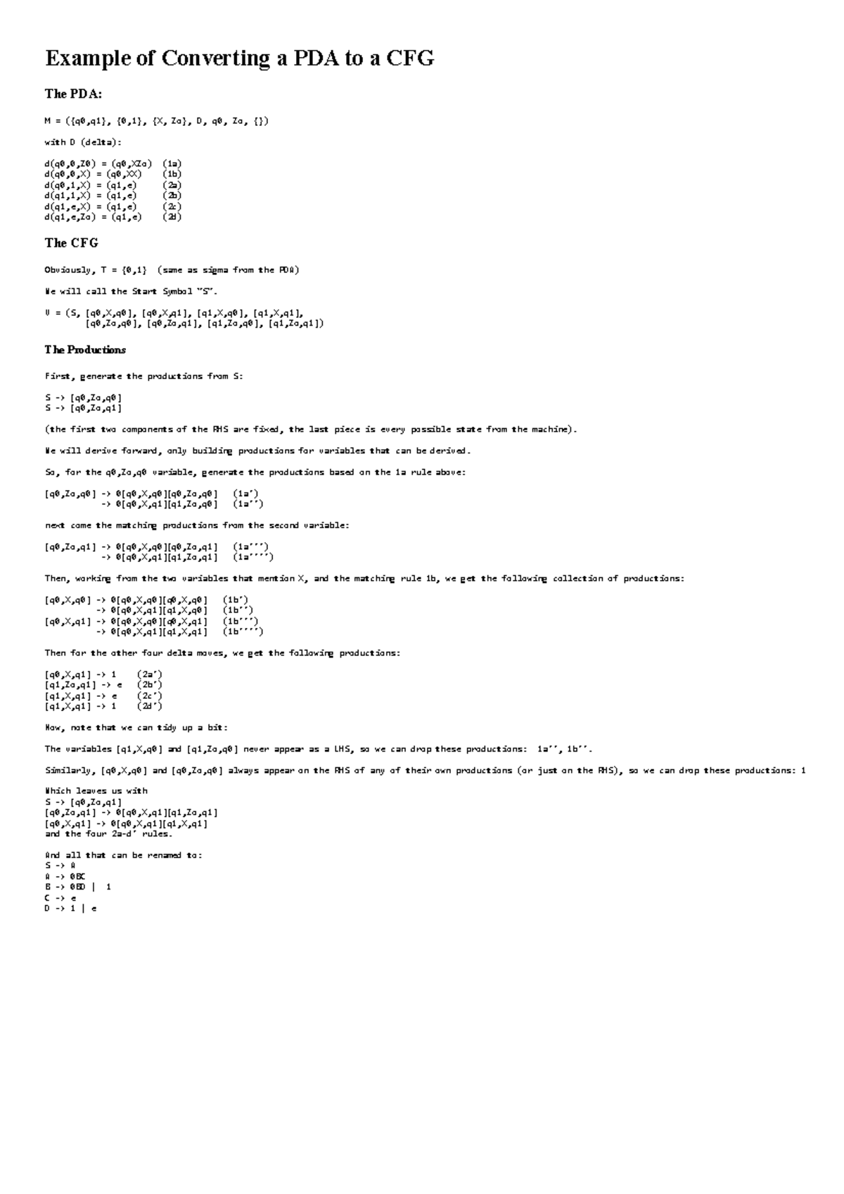 Example of Converting a PDA to a CFG - V = (S, [q0,X,q0], [q0,X,q1], [q1,X,q0], [q1,X,q1], - Studocu