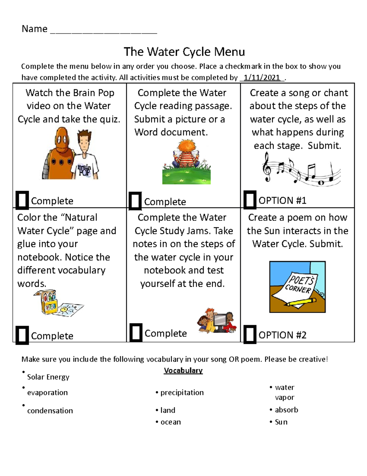 Water cycle menu - wwww - Name ____________________ The Water Cycle ...