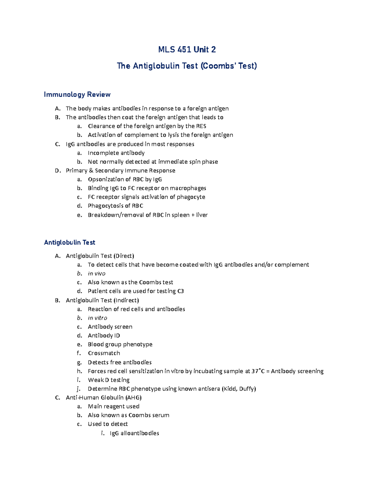 MLS 451 Unit 2 - A. The Antiglobulin Test - MLS 451 Unit 2 The ...