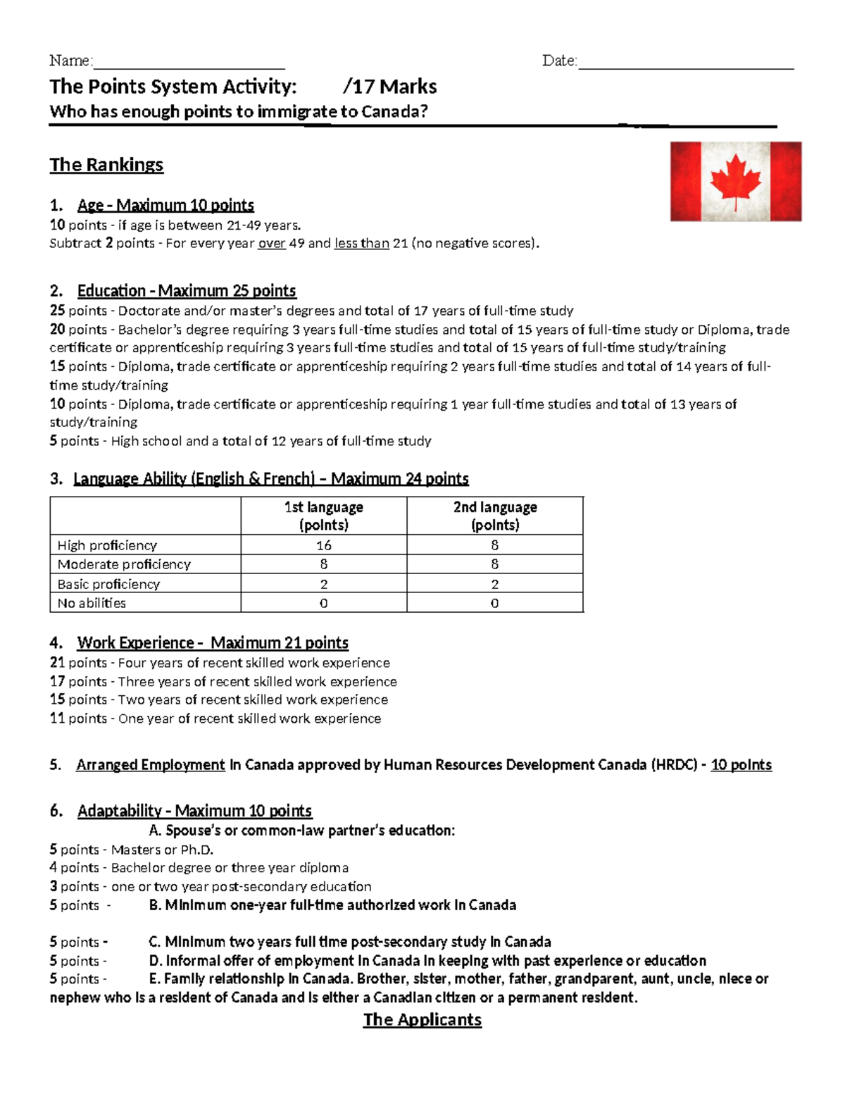 Copy of Immigration Point System Assignment - Name ...