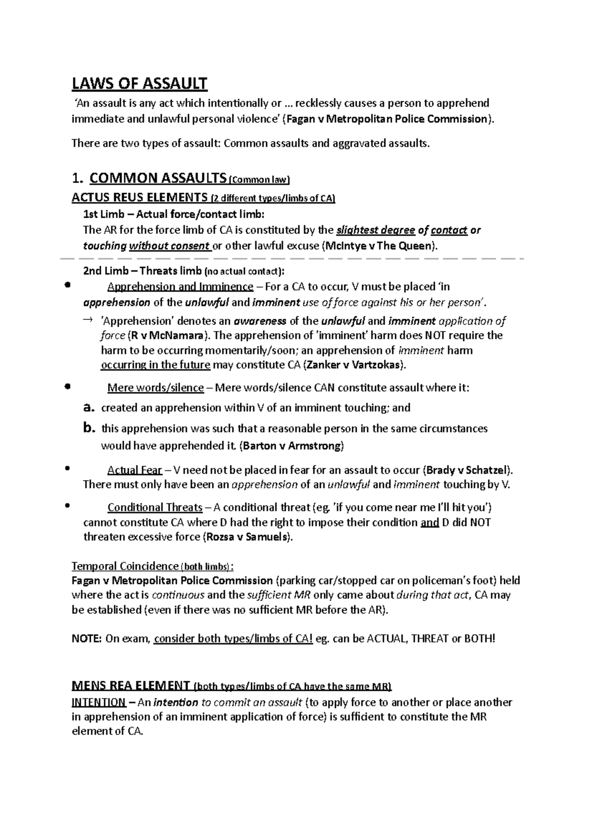 Assault Exam Notes - LAWS OF ASSAULT ‘An assault is any act which ...