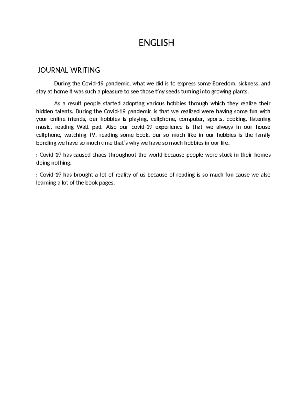 English Covid-19 - none - ENGLISH JOURNAL WRITING During the Covid-19 ...
