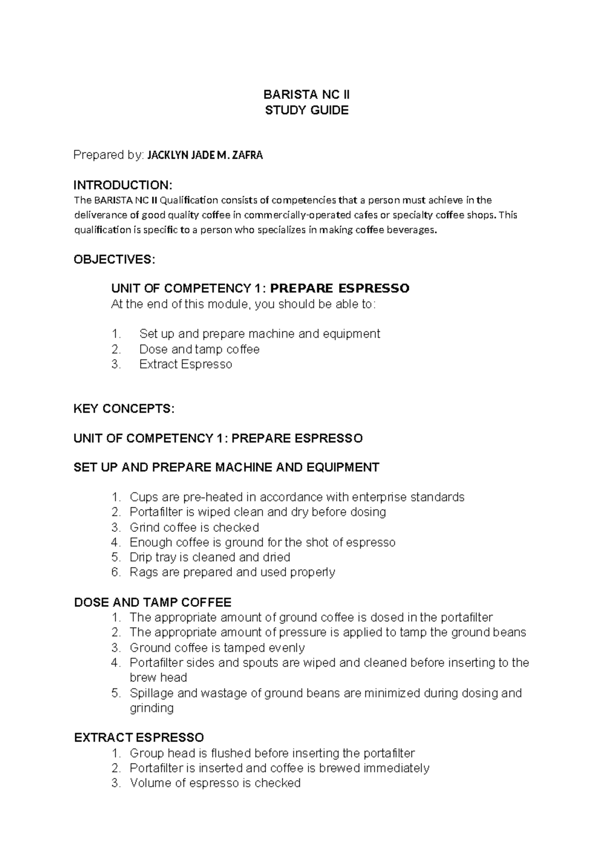 Barista NC II Study Guide- Zafra - BARISTA NC II STUDY GUIDE Prepared ...