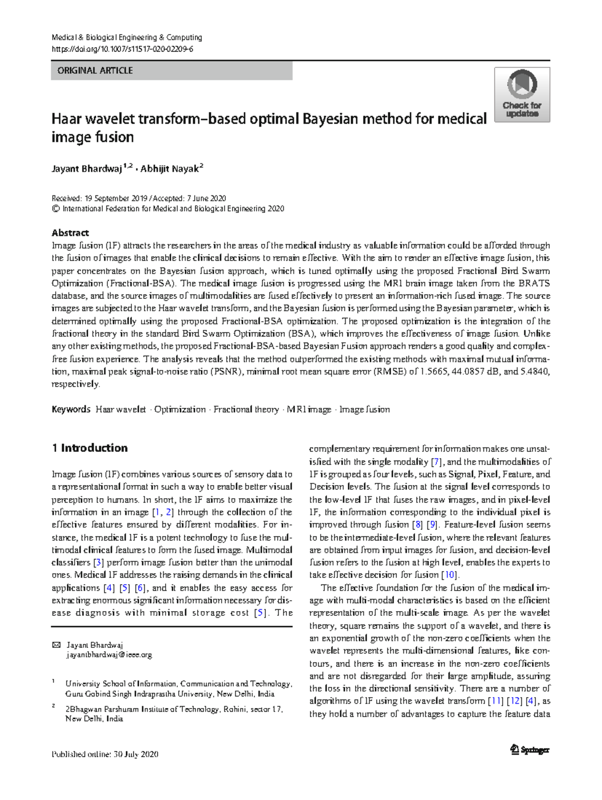 Haar wavelet transform–based optimal Bayesian method for medical image fusion - ORIGINAL ARTICLE ...