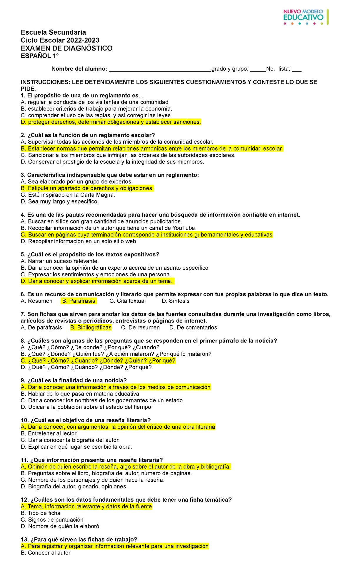 Examen de diagnóstico Español 1° - Escuela Secundaria Ciclo Escolar ...
