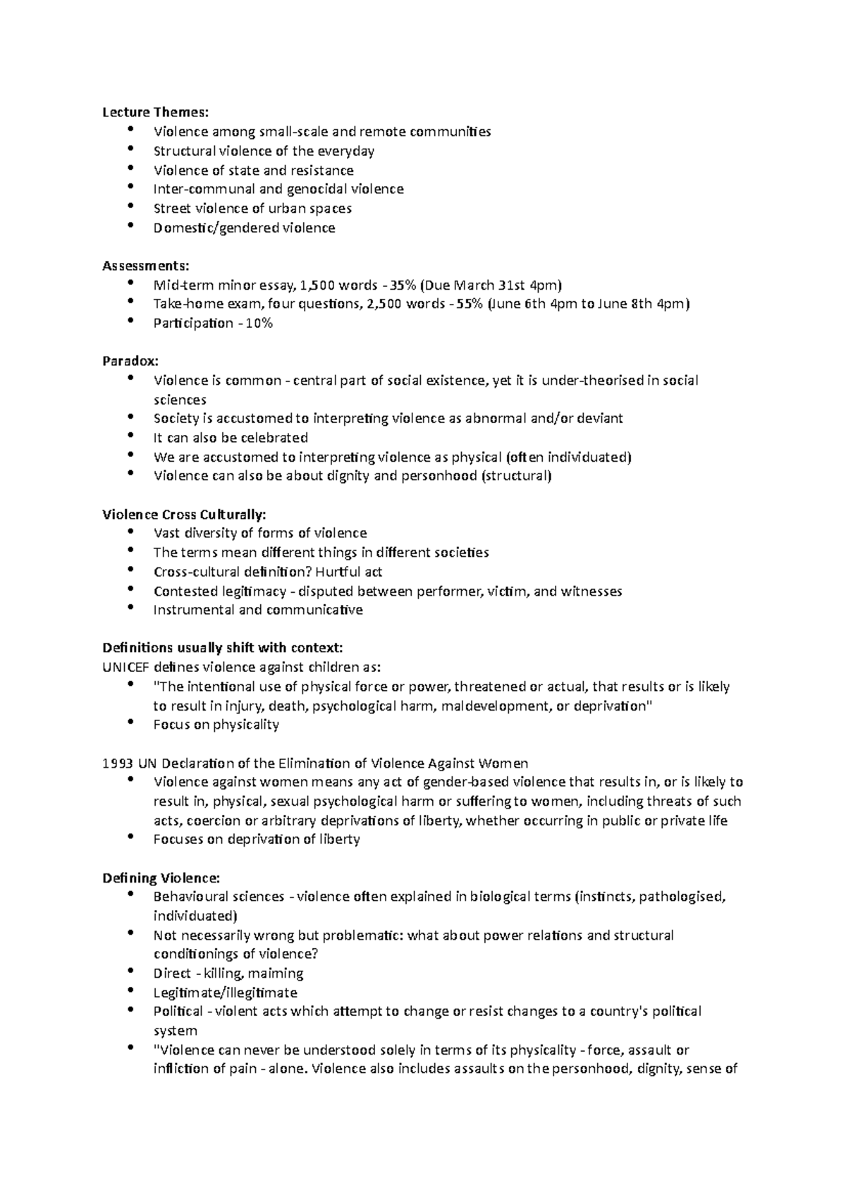 Anth2130 Week One Lecture Notes For Week One Lecture Themes Violence Among Small Scale And