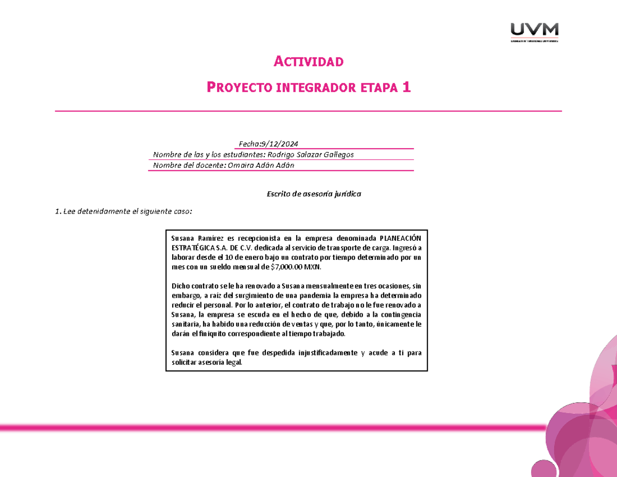 actividad 8 proyecto integrador - ACTIVIDAD PROYECTO INTEGRADOR ETAPA 1 Fecha: 9 / 12 / 2024 ...