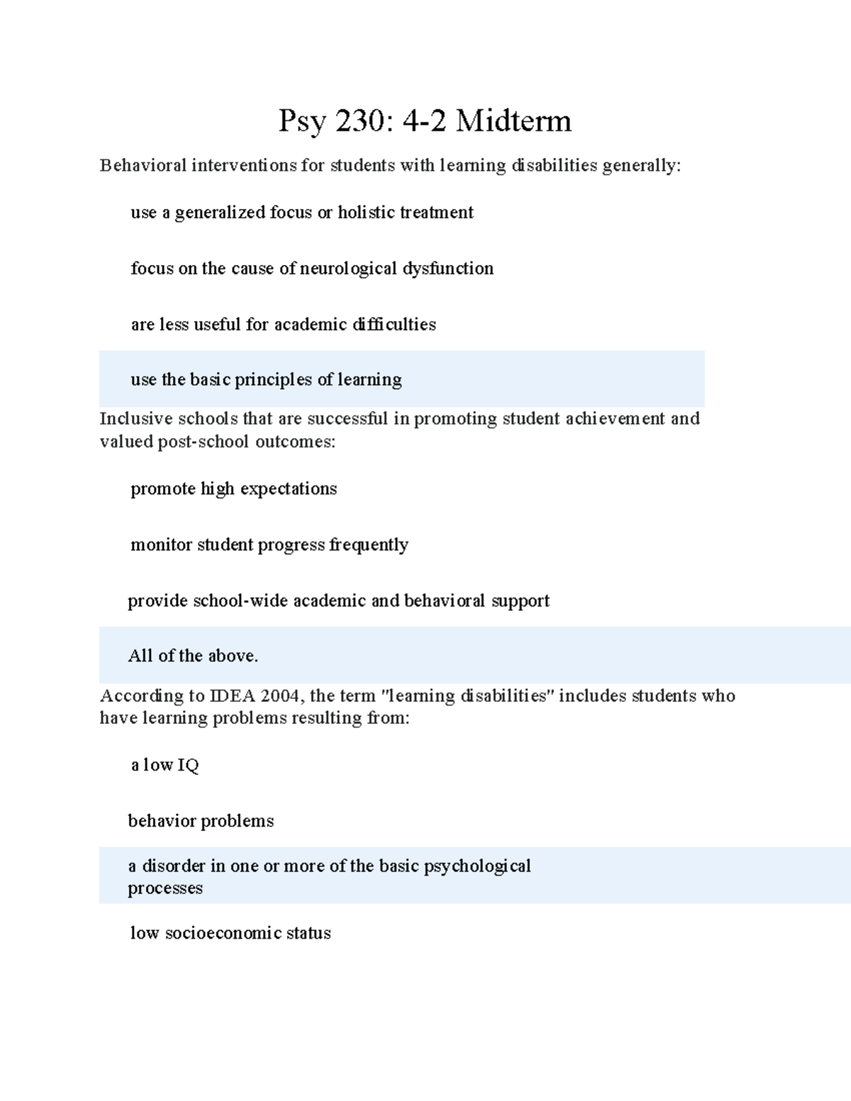 Psy 230 Midterm - Psy 230: 4-2 Midterm Behavioral interventions for students with learning - Studocu