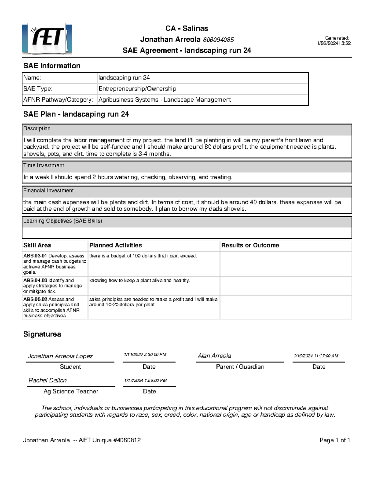 SAE Agreement - an example for teachers - CA - Salinas Jonathan Arreola ...