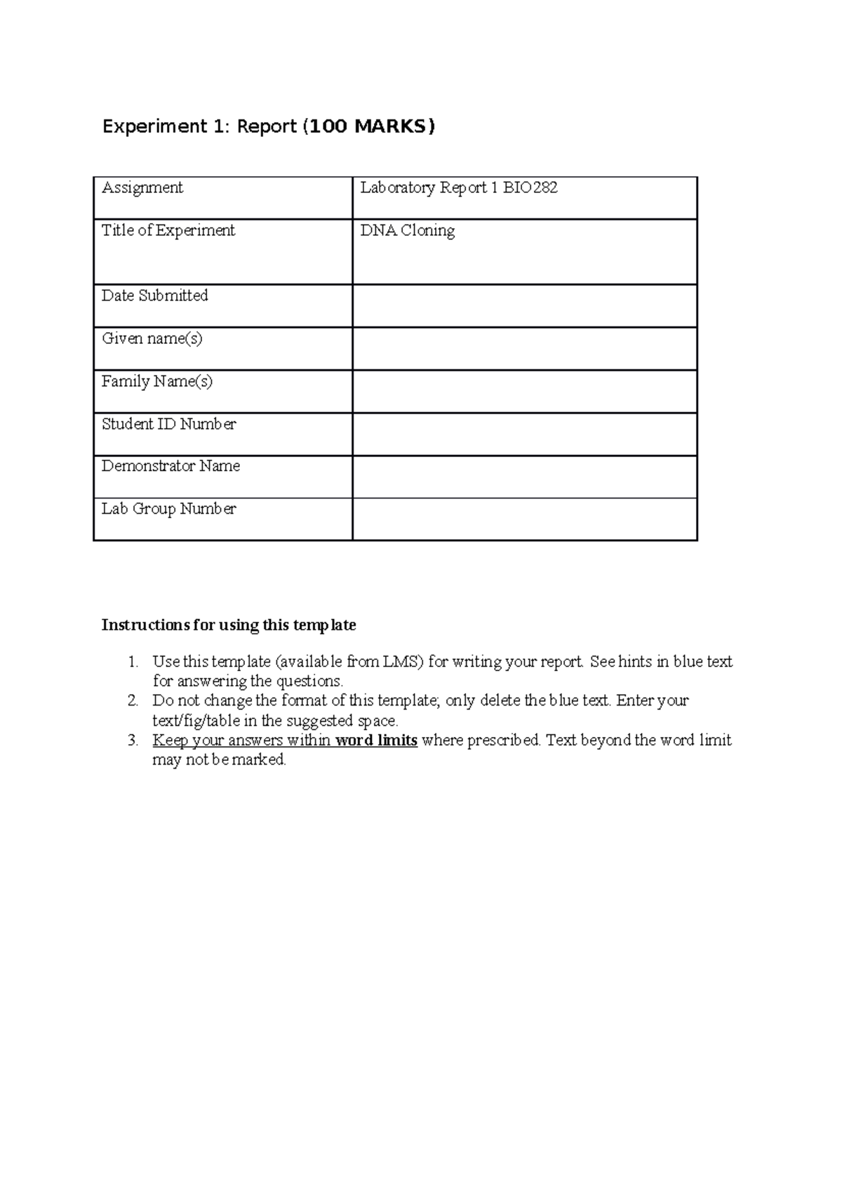 BIO282 Exp1 Report Template.edited - Experiment 1: Report (100 MARKS) Assignment Laboratory ...