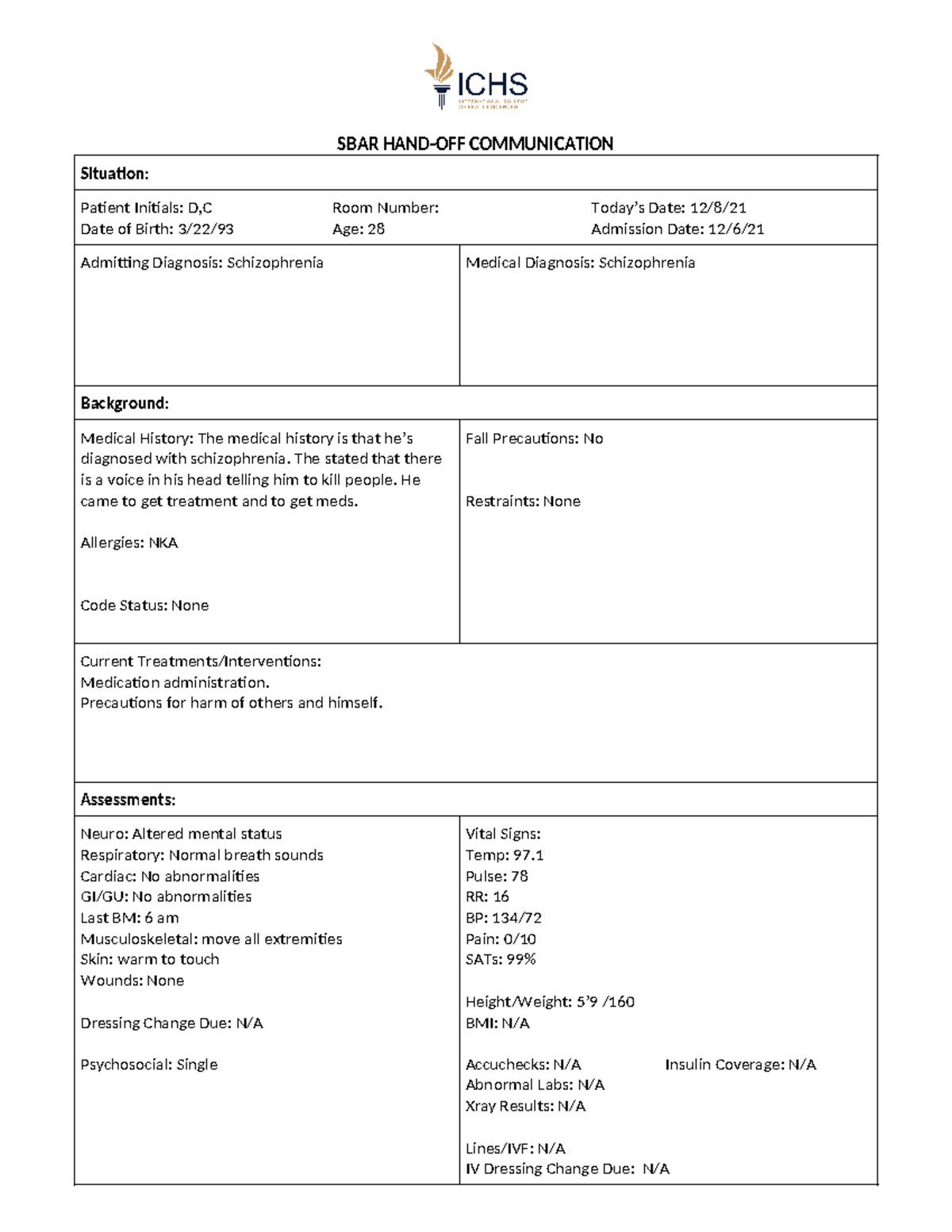 Mental Health Nursing - SBAR HAND-OFF COMMUNICATION Situation: Patient ...