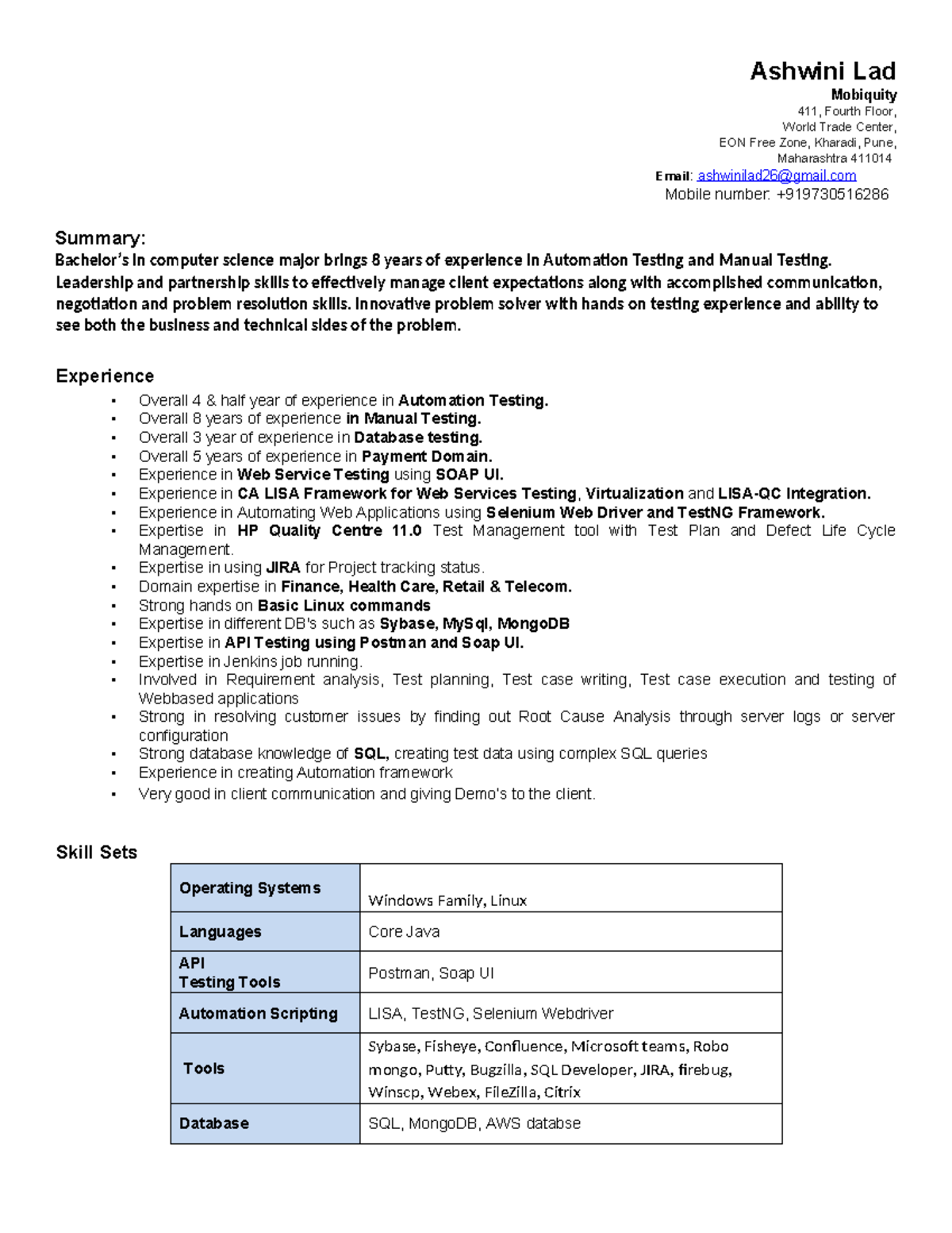 Ashwini-Lad-Resume - sxdf - Ashwini Lad Mobiquity 411, Fourth Floor ...