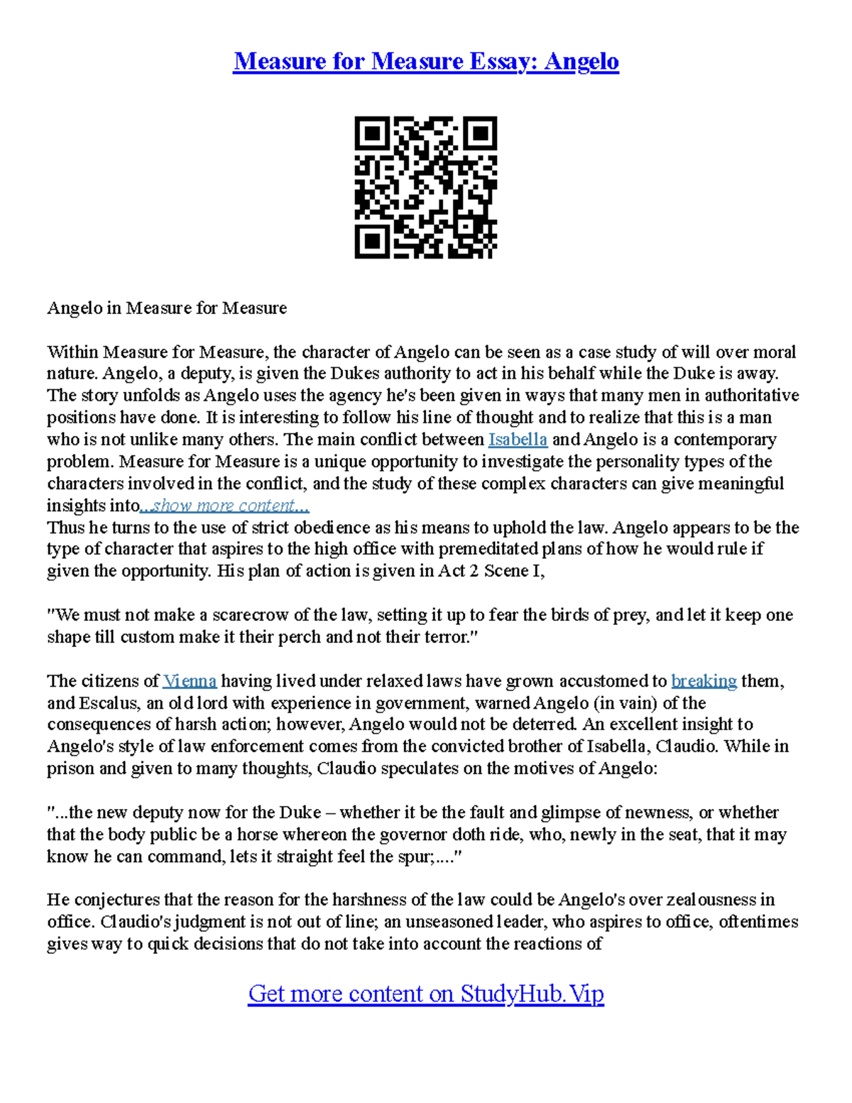 Measure For Measure Essay - Angelo, a deputy, is given the Dukes ...
