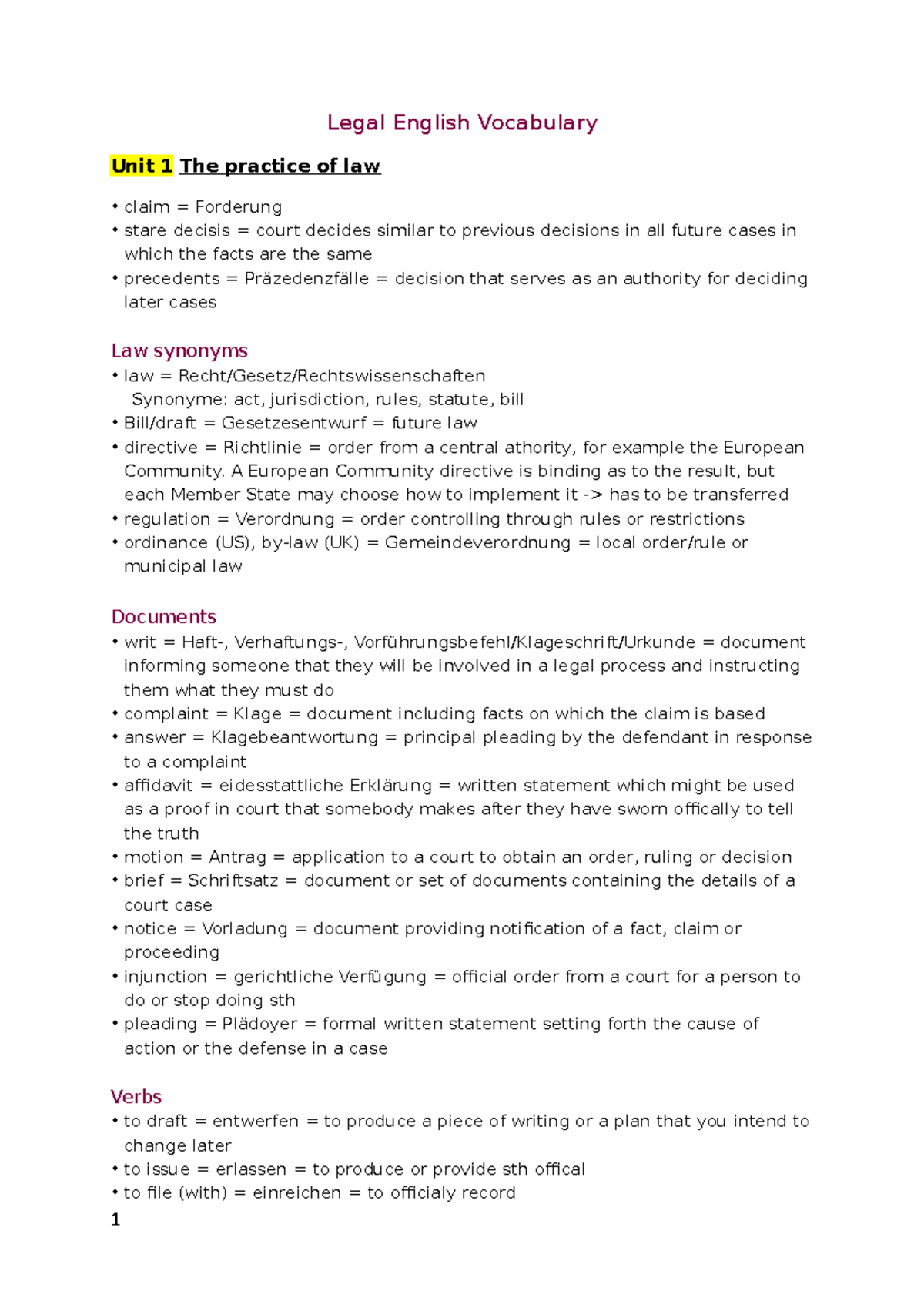 Vokabelliste Legal English - Legal English Vocabulary Unit 1 The ...