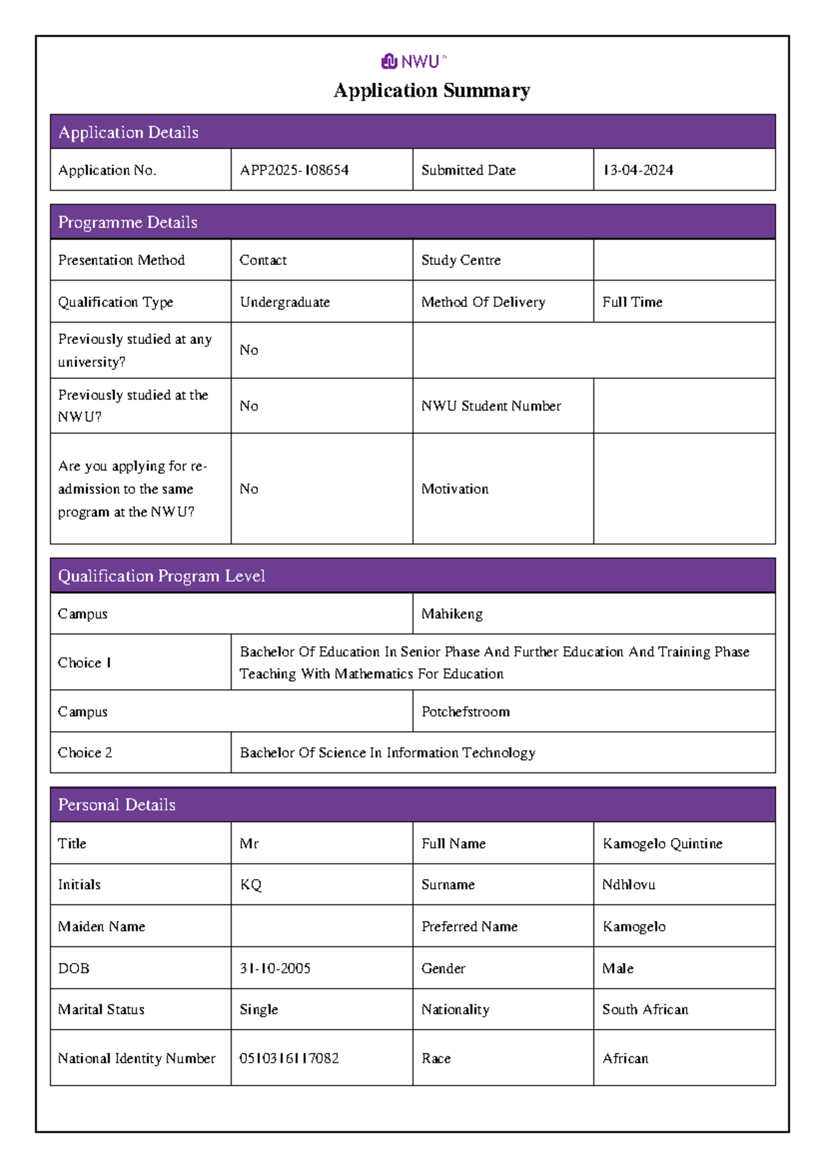 Application Summary APP2025-108654 - Application Summary Application ...