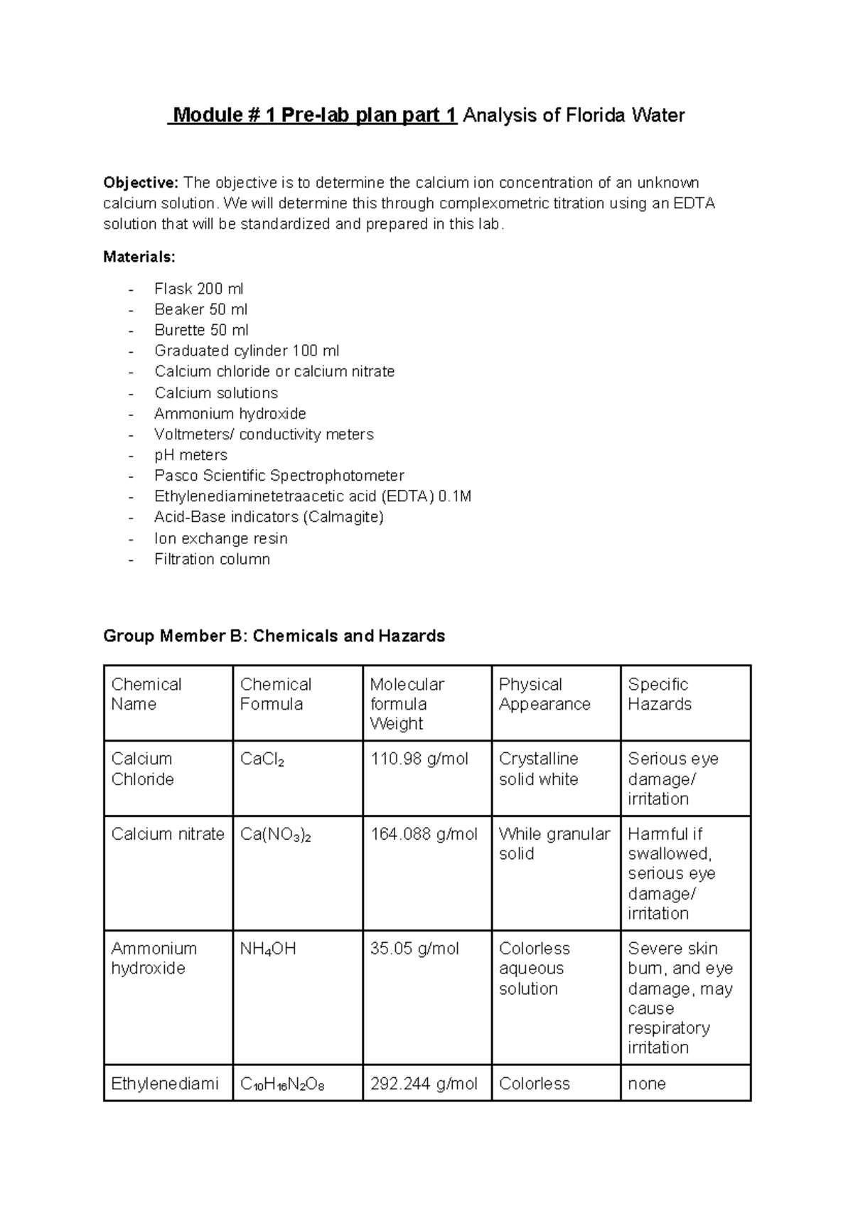 Pre-Lab Plan 1, part 1 - Module # 1 Pre-lab plan part 1 Analysis of Florida Water Objective: The ...
