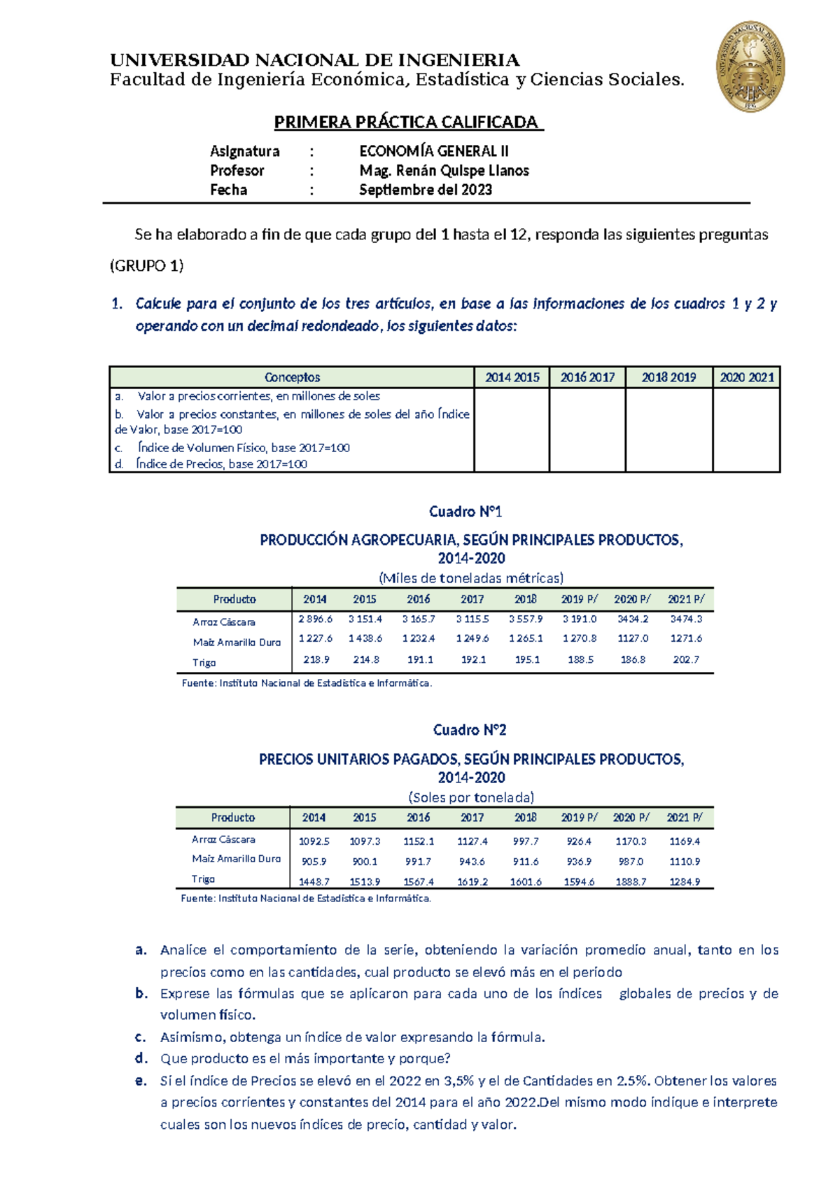 01 Primera practica calificada Economia General 2023.2 - UNIVERSIDAD NACIONAL DE INGENIERIA ...