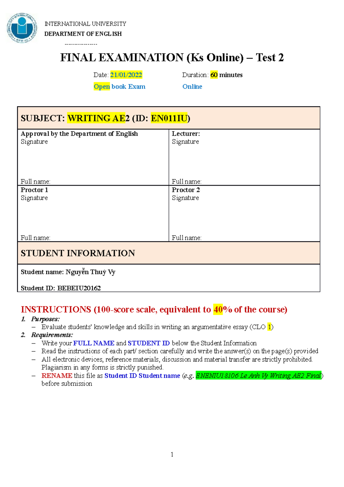 Bebeiu 2016 2 Nguyen Thuy Vy Writing AE2 Final - INTERNATIONAL UNIVERSITY DEPARTMENT OF ENGLISH ...