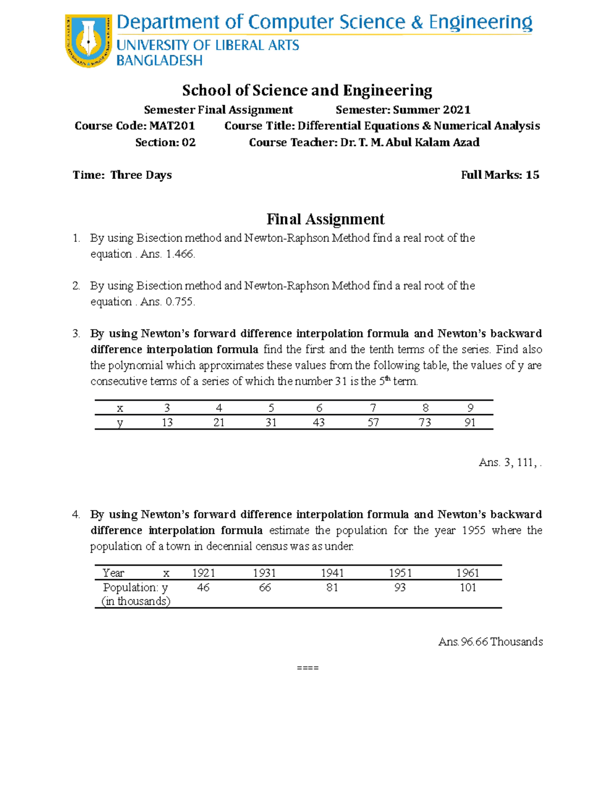 Assignment Mat 201 2 School Of Science And Engineering Semester Final Assignment Semester