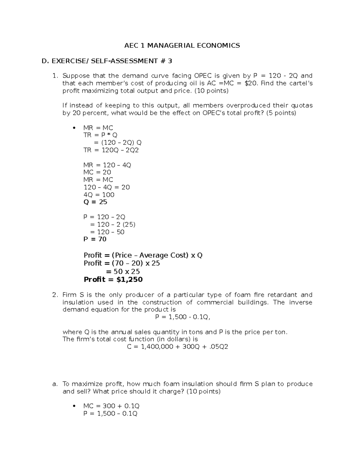 AEC SAQ #3 - Managerial economics - AEC 1 MANAGERIAL ECONOMICS D ...