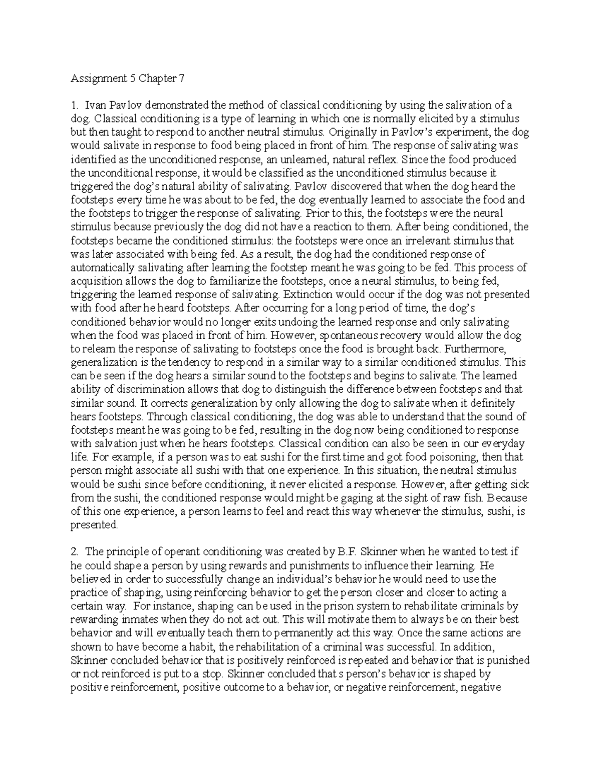 Assign 5Chap7 - Assignment 5 Chapter 7 Ivan Pavlov demonstrated the method of classical ...