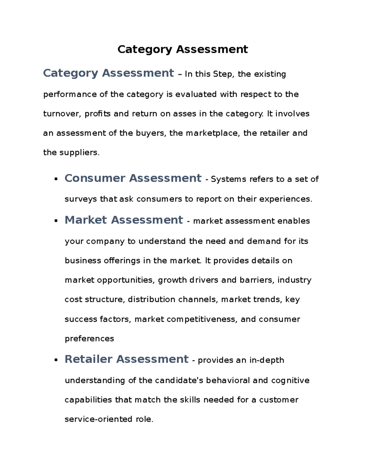 Category Assessment - Retail Management - Category Assessment Category ...