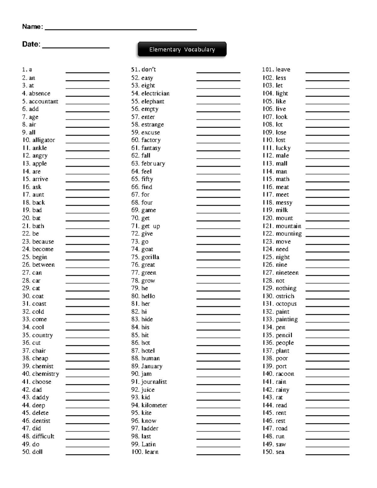 Vocabulary tests - Ejercicio para reforzar actividades de clase - Name ...