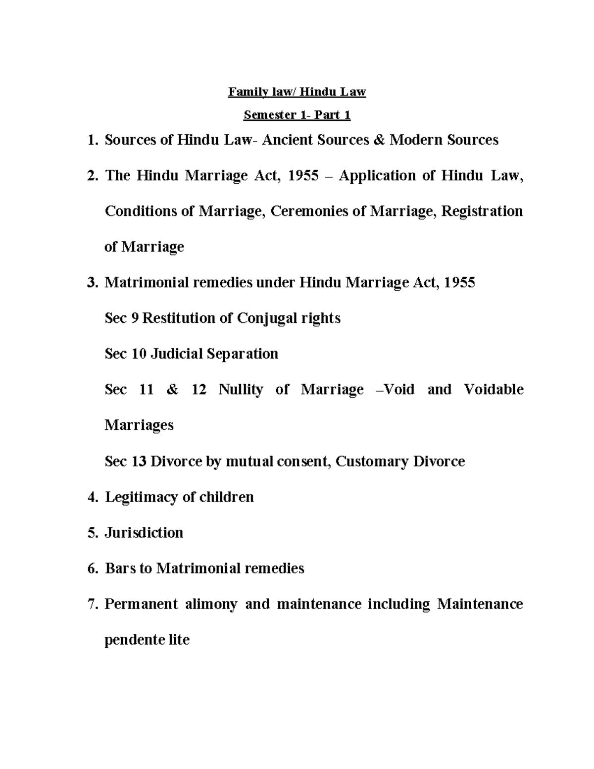Hindu Act - Notes for students - Family law/ Hindu Law Semester 1- Part ...