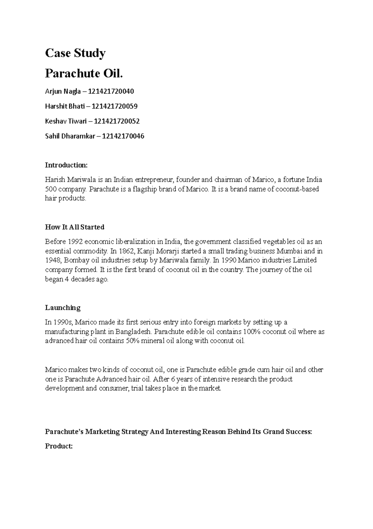 CB case study Parachute oil - Case Study Parachute Oil. Arjun Nagla ...