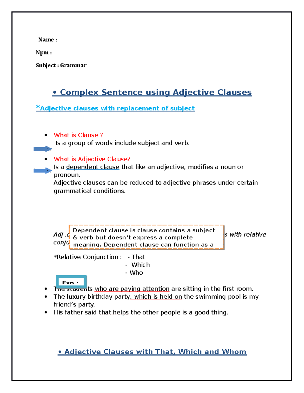Grammar'S Assigment - Name : Npm : Subject : Grammar Complex Sentence ...