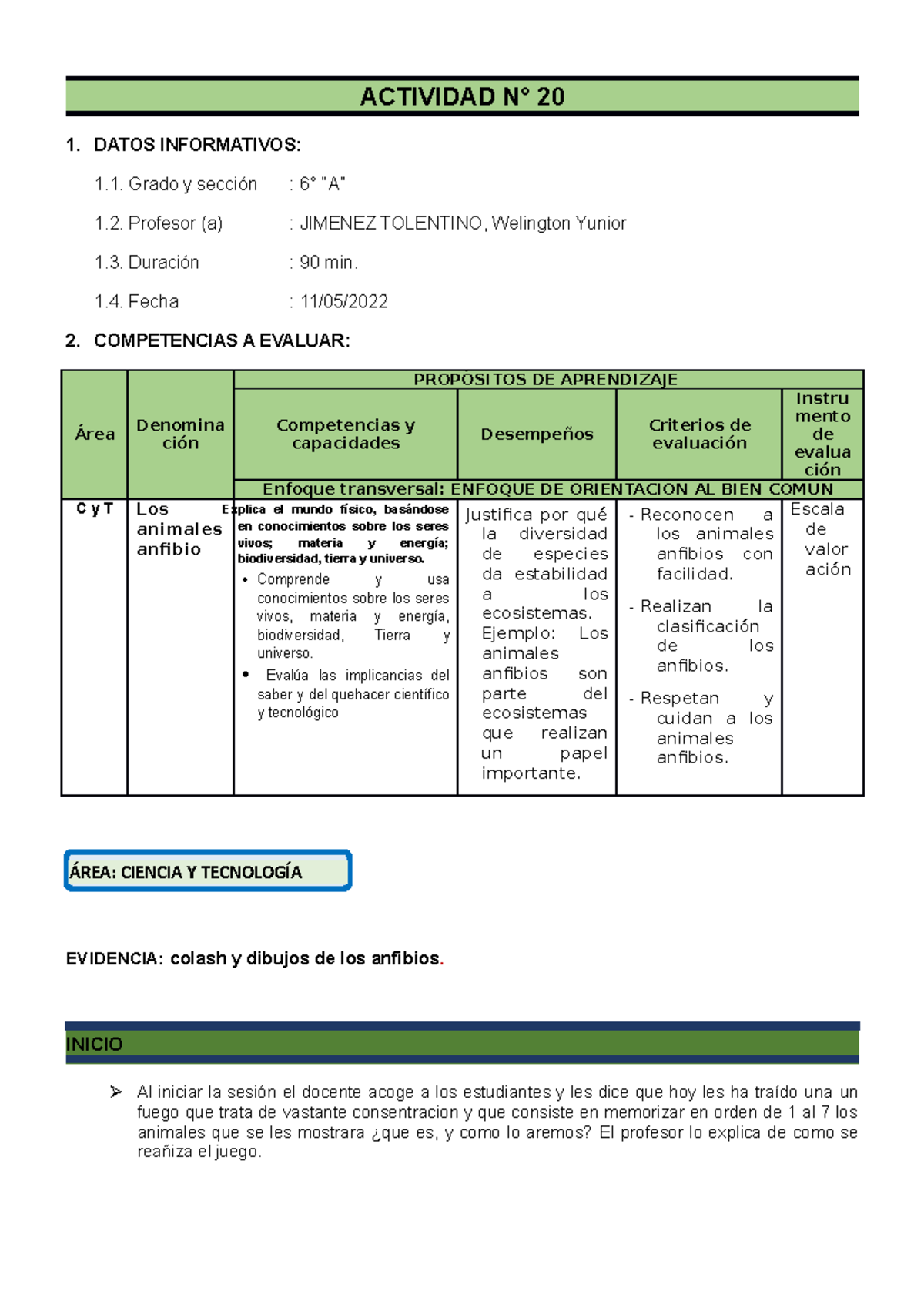 Actividad C.T.A N°20 - ACTIVIDAD N° 20 1. DATOS INFORMATIVOS: 1. Grado ...
