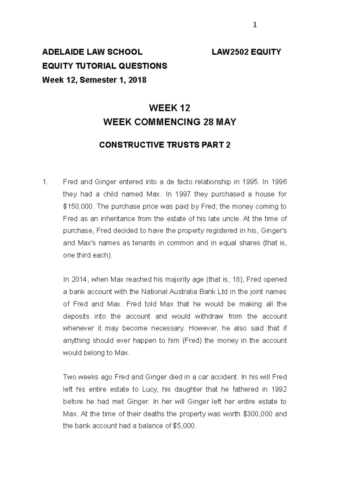 My Uni Week 12 Tutorial Questions - Constructive Trusts Part 2 (LAW2502 ...