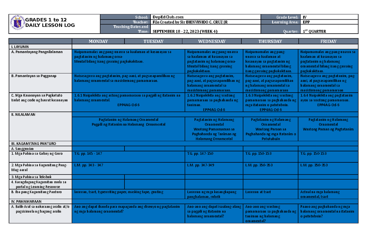 DLL EPP 4 Q1 W4 - cghv - GRADES 1 to 12 DAILY LESSON LOG School ...