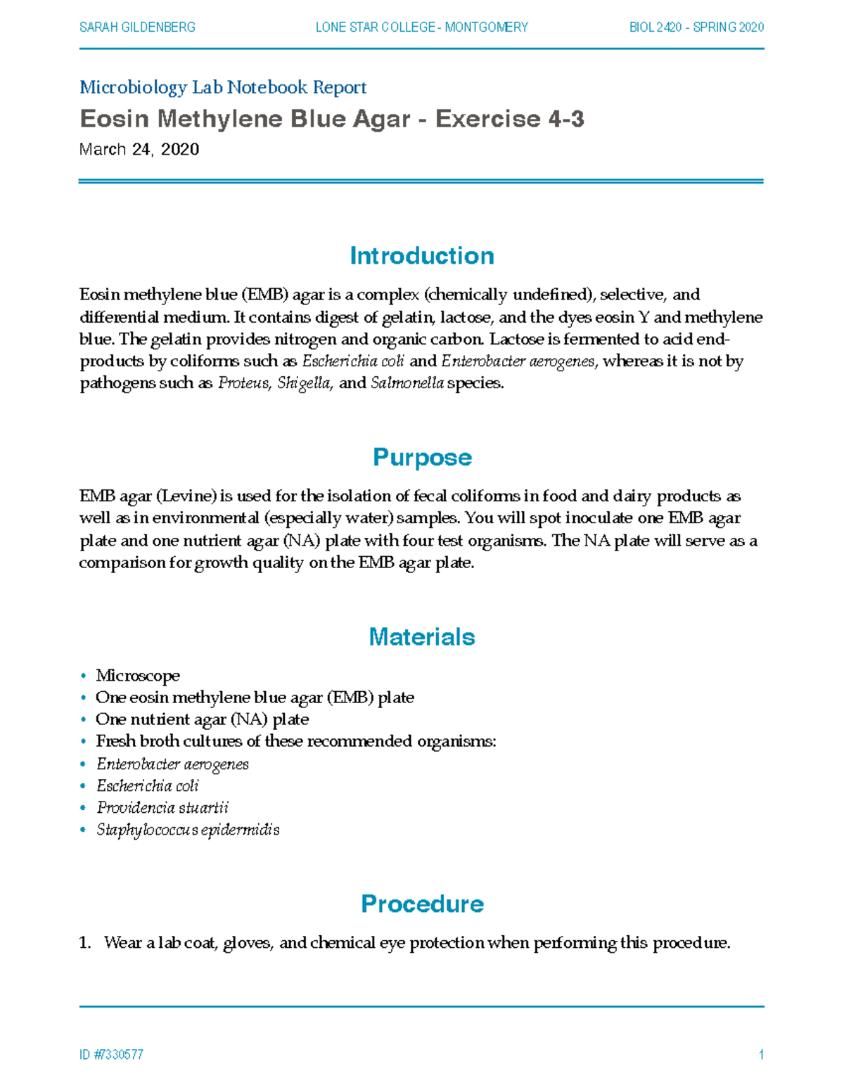 Complete EMB Lab - lab - Microbiology Lab Notebook Report Eosin ...
