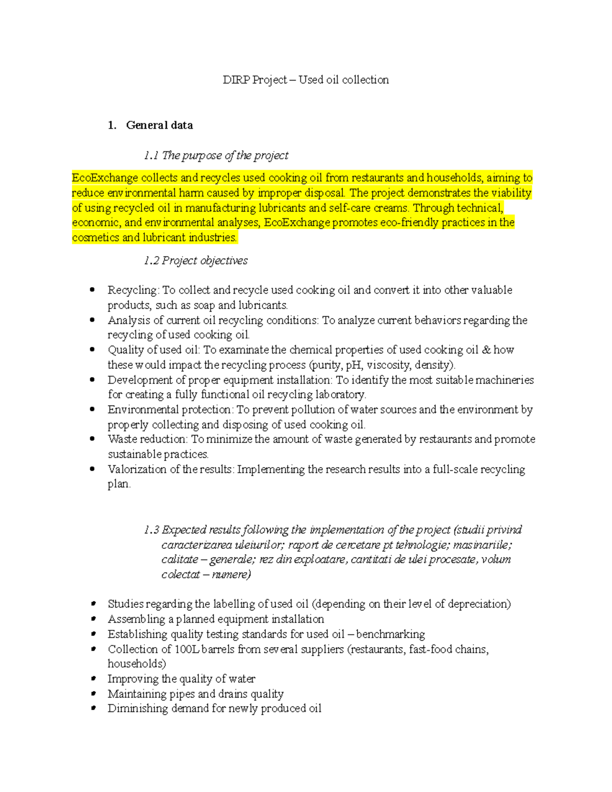 DIRP Project Eco Exchange 31102023 - DIRP Project – Used oil collection ...