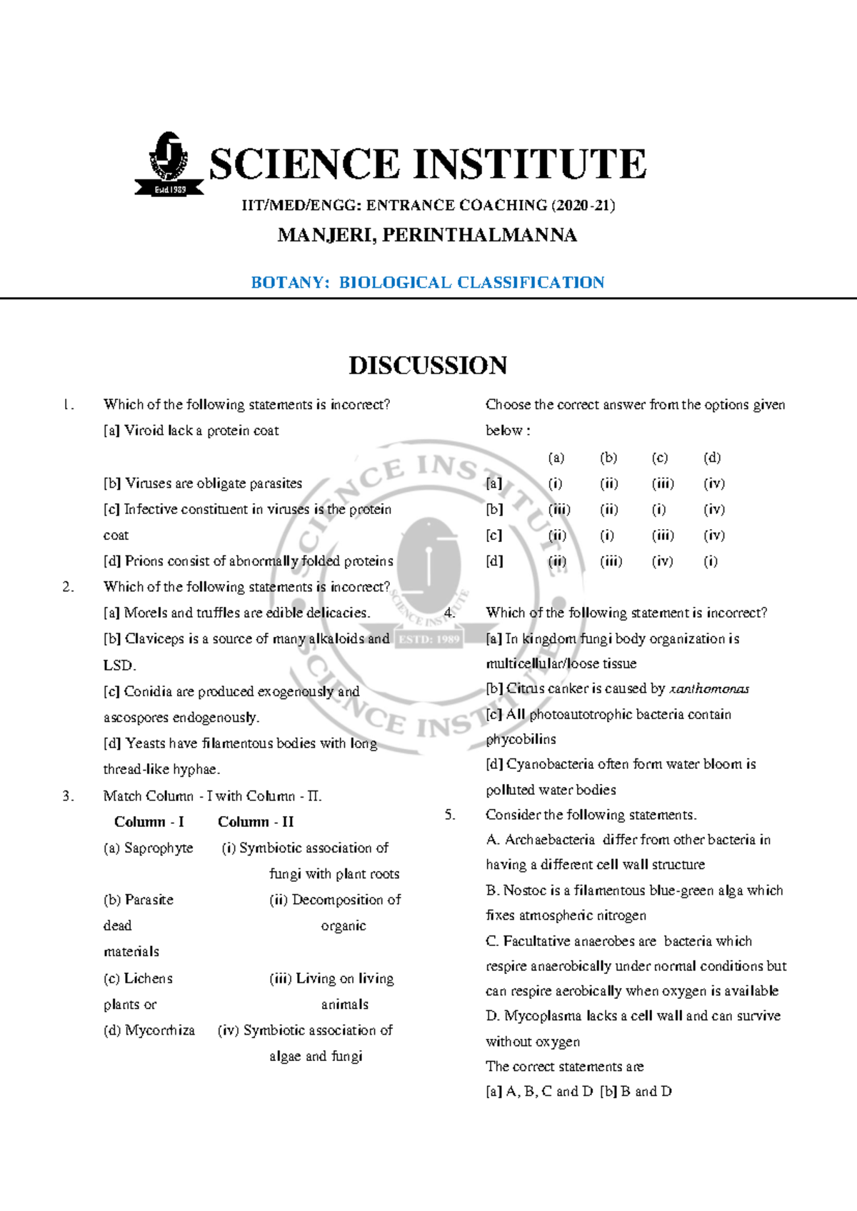 Biological Classification - Estd SCIENCE INSTITUTE ENTRANCE COACHING ...