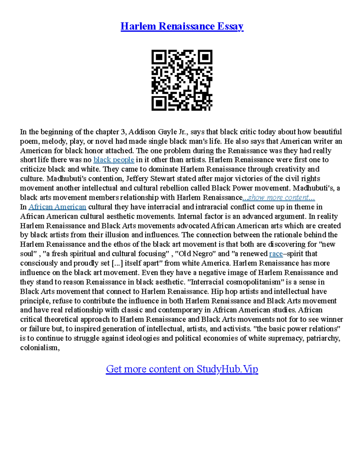 Harlem Renaissance Essay - , says that black critic today about how ...