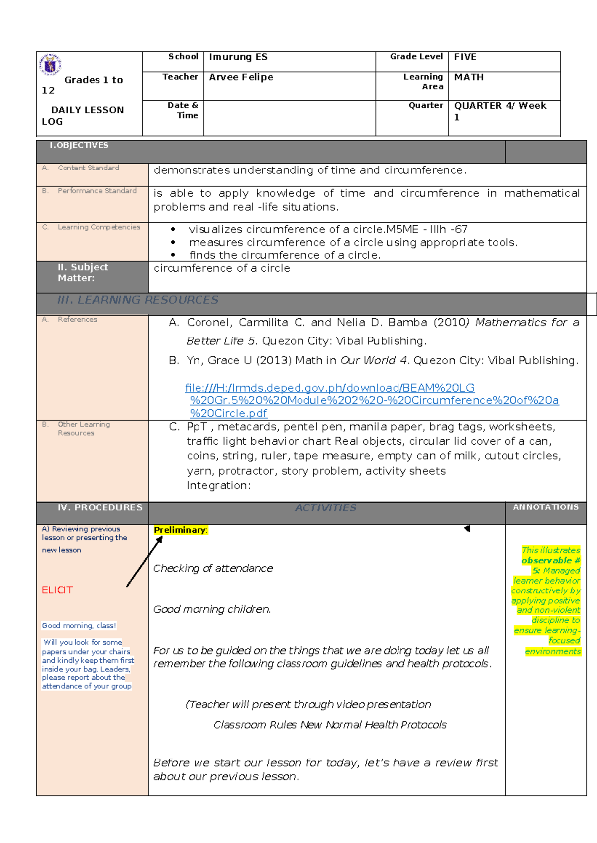 COT Q3 MATH 5 3RD WEEK 8 Circumference OF Circle - Grades 1 to 12 DAILY ...