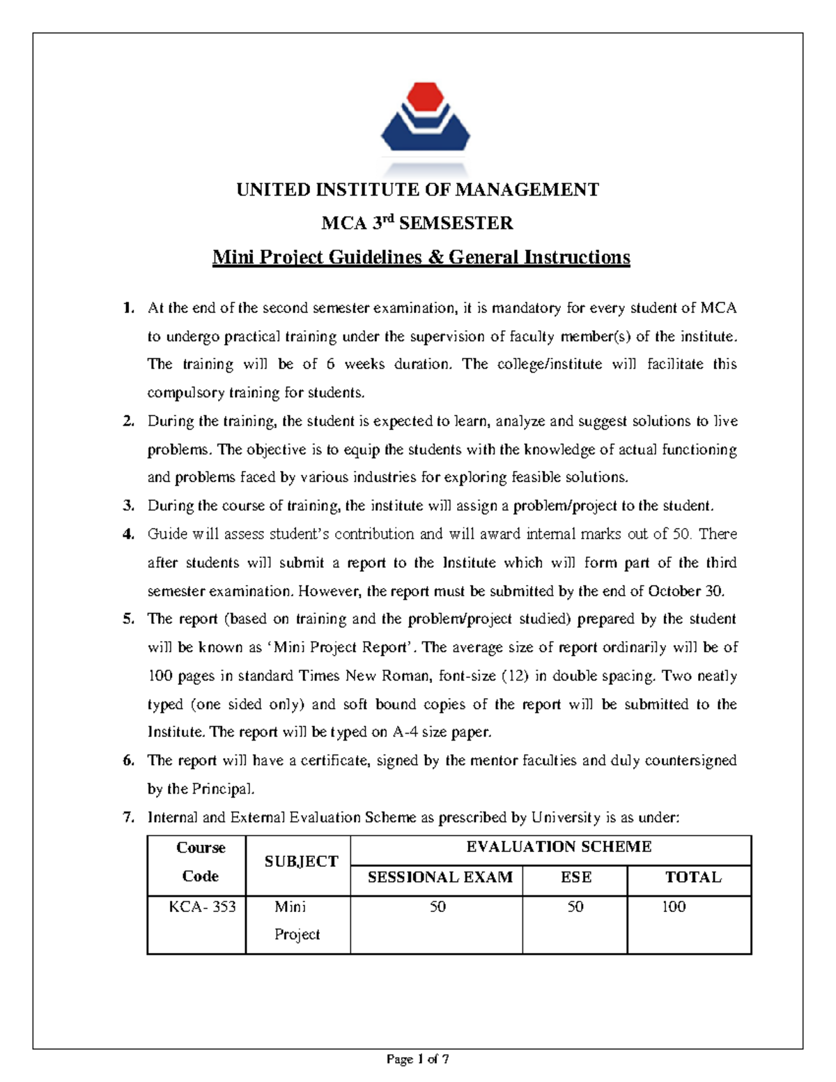Mini Project Guidelines with Certificate(KCA-353) - UNITED INSTITUTE OF ...